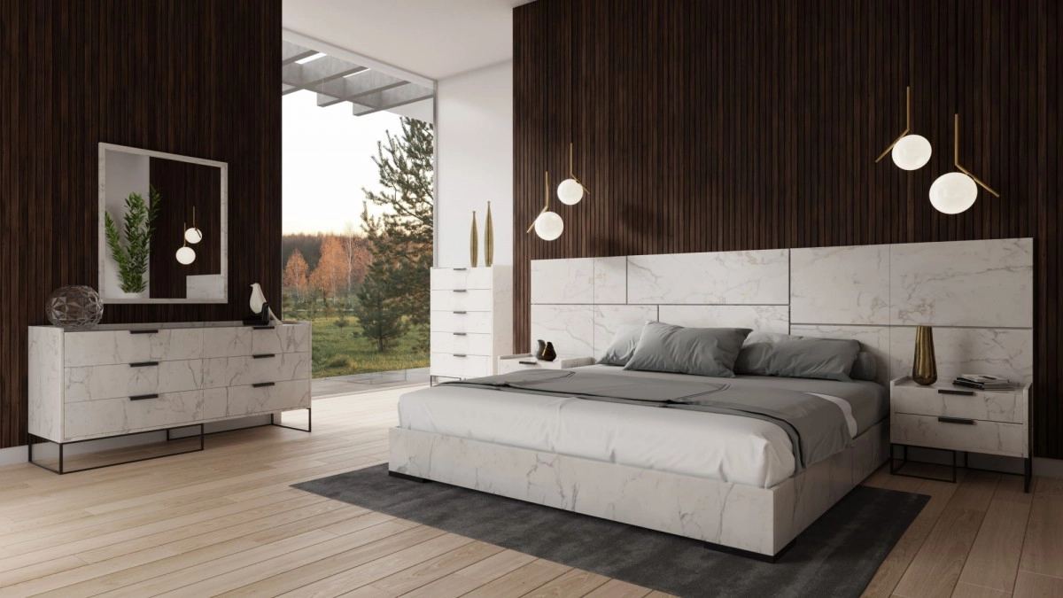 Marbella - Italian Modern White Marble Bed With 2 Nightstands
